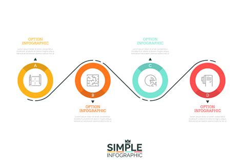 내부에 그림과 곡선으로 연결된 텍스트 상자를 가리키는 화살표가있는 네 개의 문자 원형 요소 현대 인포 그래픽 디자인 템플릿 인포
