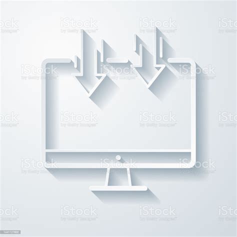 데스크톱 컴퓨터로 보내기 빈 배경에 종이 자르기 효과가 있는 아이콘 3차원 형태에 대한 스톡 벡터 아트 및 기타 이미지 3