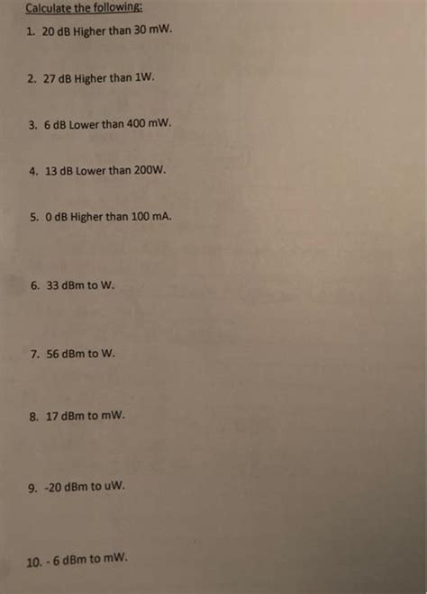 Solved Calculate The Following 1 20 Db Higher Than 30 Mw