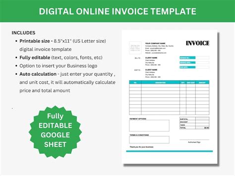 Invoice Template In Google Sheet Digital Google Sheet Etsy