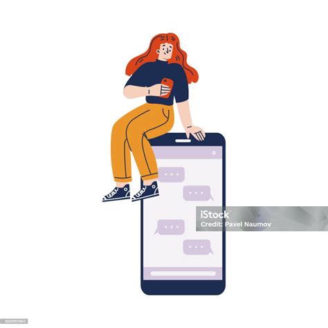 젊은 여성과 채팅하고 스마트폰 벡터 일러스트레이션을 통해 친구를 만나는 소셜 네트워크 Brand Name Smart Phone에