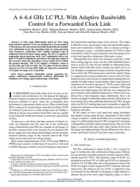 A 46 4 Ghz Lc Pll With Adaptive Bandwidth Control For A Forwarded Clock Link 2008 Pdf