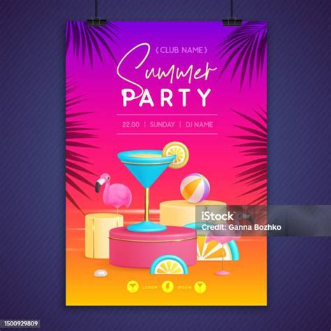 3d 무대와 블루 라군 칵테일이 있는 여름 디스코 파티 포스터 화려한 여름 해변 장면입니다 벡터 그림 바에 대한 스톡 벡터 아트 및 기타 이미지 Istock