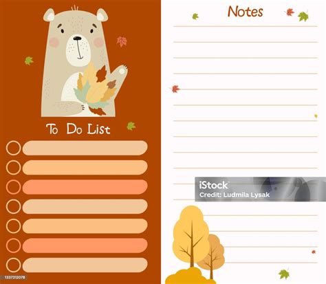 컬렉션 단풍과 나무가있는 귀여운 곰이있는 가을 플래너 세로 템플릿 집합 할 일 목록 및 메모 벡터 그림입니다 참고 용지 주최자 시간 관리 플래너 가을에 대한 스톡 벡터 아트
