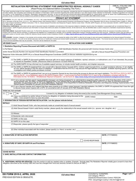 Dd Form Retaliation Reporting Statement For Unrestricted Sexual Assault Cases Dd Forms