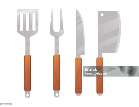 바베큐 도구 나무 손잡이 나이프 포크 주걱기구 벡터 일러스트 레이 션 흰색 배경에 고립 강철에 대한 스톡 벡터 아트 및 기타 이미지 강철 개체 그룹 굽기 Istock