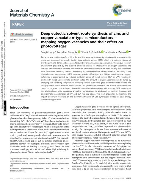Pdf Deep Eutectic Solvent Route Synthesis Of Zinc And Copper Vanadate N Type Semiconductors