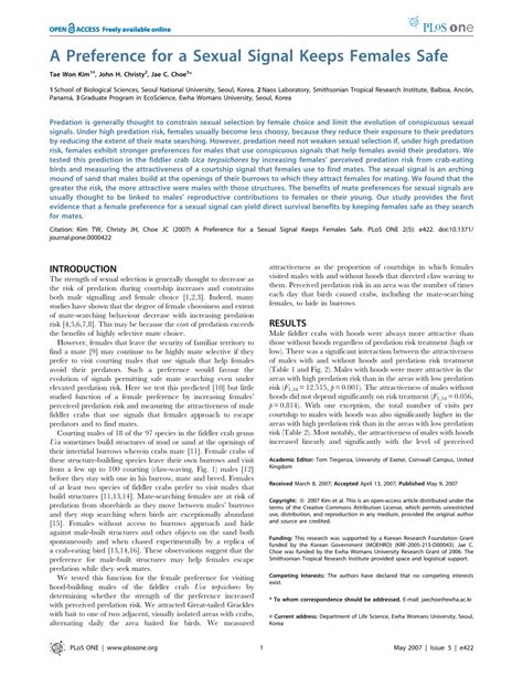 PDF A Preference For A Sexual Signal Keeps Females Safe