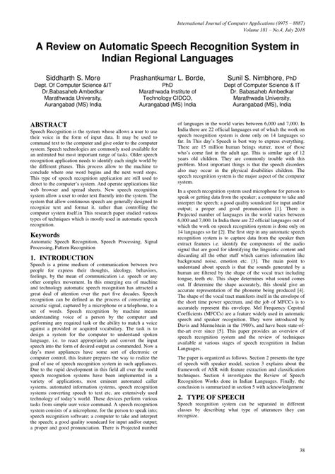 PDF A Review On Automatic Speech Recognition System In Indian Regional Languages