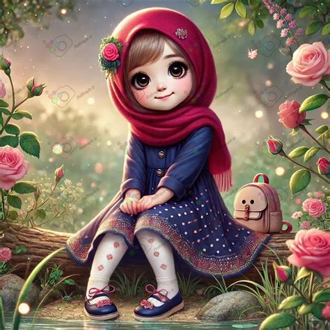 بک گراند کودکانه دختر ناز با حجاب پیرهن خال خالی نشسته روی درخت در باغ گل رز کد 43579 ویژه عکس