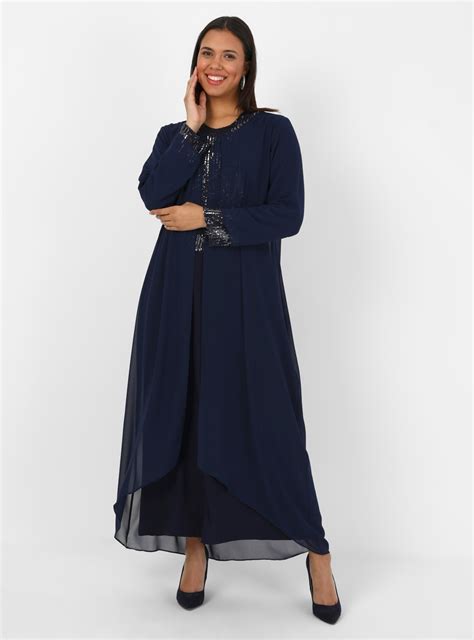 Navy Blue Unlined Crew Neck Modest Plus Size Evening Dress