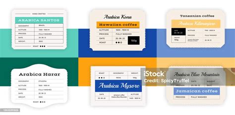 커피 라벨 아라비카 포장을 위한 미니멀한 힙스터 스티커 텍스트와 콩 로스트 인포그래픽이 있는 클래식한 오래된 우표 광고 인쇄 부두 벡터 그래픽 프로모션 템플릿 세트 0명에