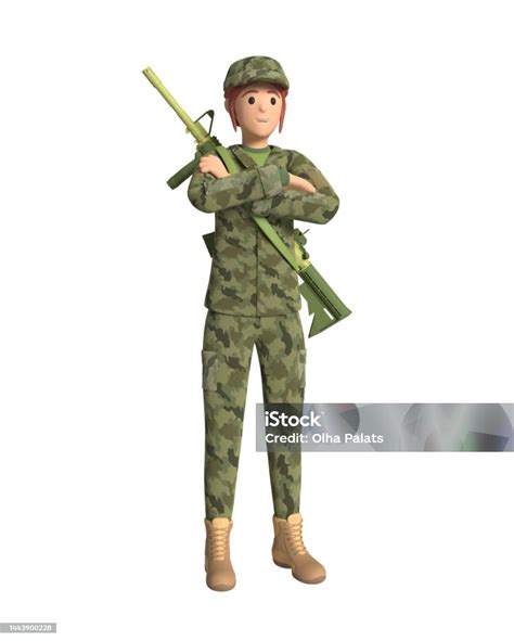 고립된 배경에 무기를 든 군복을 입은 여자 육군 군인 복장을 한 어린 소녀 3d 렌더링 2022년 러시아의 우크라이나 침공에 대한 스톡 사진 및 기타 이미지 2022년