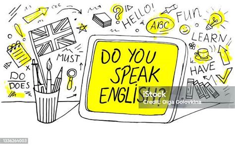 영어를 사용하세요 영어 학습 개념 벡터 일러스트레이션 가정 온라인 교육 연구를위한 외국어 교육 과정의 낙서 영어 단어 아트