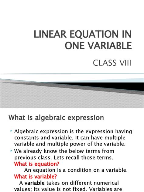Linear Equation In One Variable Class 8 Pdf Equations Variable Mathematics