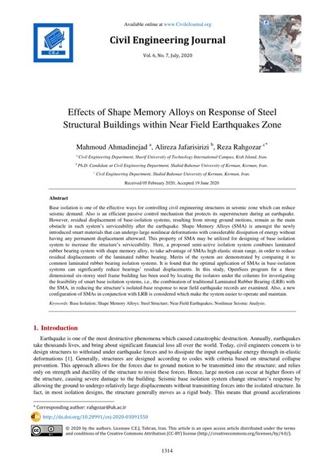 Pdf Effects Of Shape Memory Alloys On Response Of Steel Structural Buildings Within Near Field