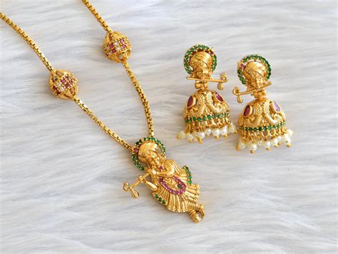 Matte Finish Ruby Green Krishna Pendant With Ball Chain Set Dj 43404