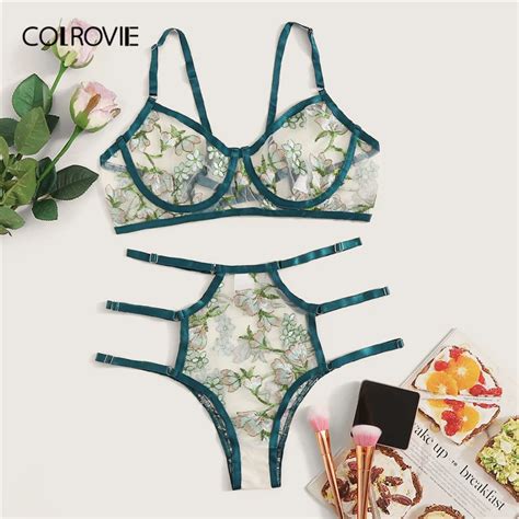 Colrovie зеленая Цветочная вышивка полупрозрачного нижнего белья