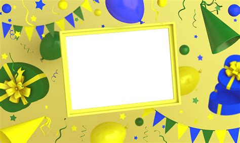 브라질 장식 배경의 행복 독립 기념일 번팅 플래그 빈 프레임 모형 노란색에 심장 선물 상자 색종이 복사 공간 텍스트 인사말 카드 배너 템플릿 리본 3d 렌더링 3차원 형태에