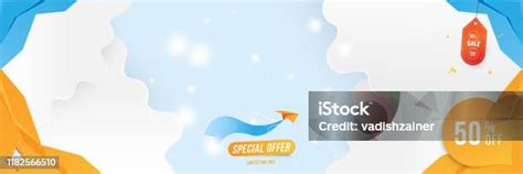 소셜 페이지에 대한 배너입니다 특별 제공 메가 세일 50 비행기 구름의 흰색 배경에 라우드 스피커 종이와 빛나는 조명에서 잘라 개념에 대한 스톡 벡터 아트 및 기타 이미지