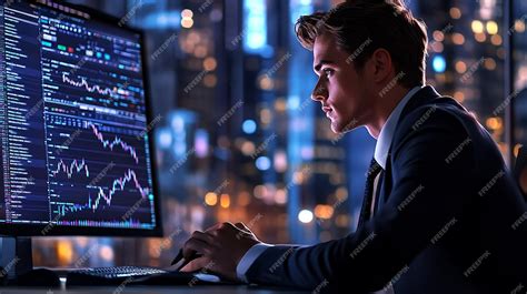 a man is working on a computer with a graph showing the financial graph