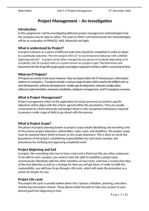 Unit 9 It Project Management Assignment 1 Learning Aim A Distinction Unit 9 It Project
