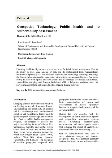 Pdf Geospatial Technologypublic Health Its Vulnerability Assessment