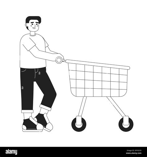 Happy Male Customer Pushing Shopping Trolley Monochromatic Flat Vector Character Stock Vector