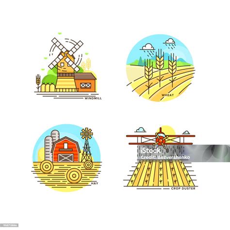 라인 디자인에 로고 컬렉션 농업 농장 풍경 헛간 풍차 Cropfield 흰색 배경에 고립 밀 벡터 평면 그림 자연 환경 농산물에 대 한 레이블 농업에 대한 스톡 벡터 아트