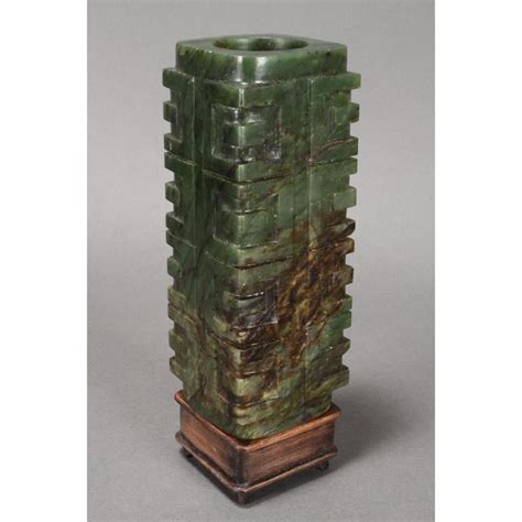Nephrite Cong With Wooden Stand Jade Oriental