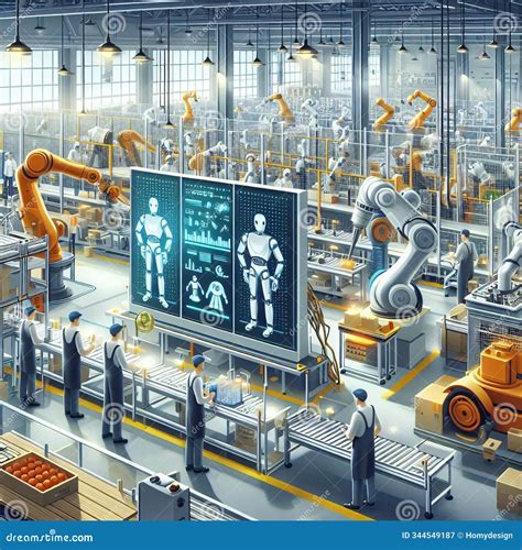 Warehouse Workers Collaborate With Robots On An Assembly Line Using Ai Powered Technology Stock
