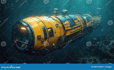 Autonomous Submarine Moves Underwater Research Bathyscaphe In Ocean Deep Sea Vehicle Swims