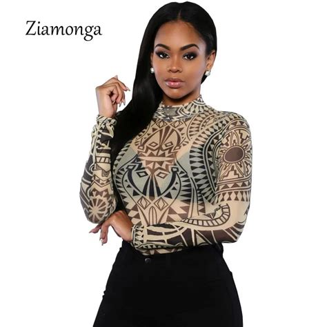 2016 Summer Women Sexy Tribal Tattoo Print Bodysuit Jumpsuit Traditional African Clothing Mesh