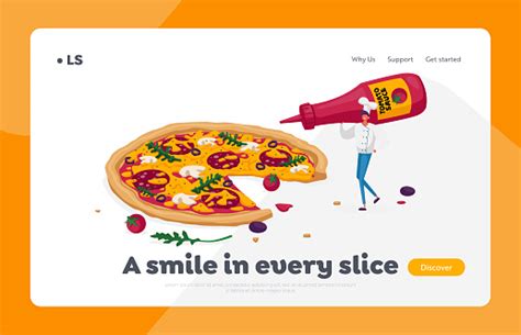 피자 가게 식사 비스트로 이탈리아 음식 요리 및 먹는 방문 페이지 템플릿 요리사 유니폼의 작은 남성 캐릭터는 올리브 토마토