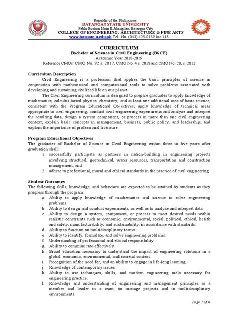 Curriculum For Bachelor Of Science In Civil Engineering At Batangas State University For