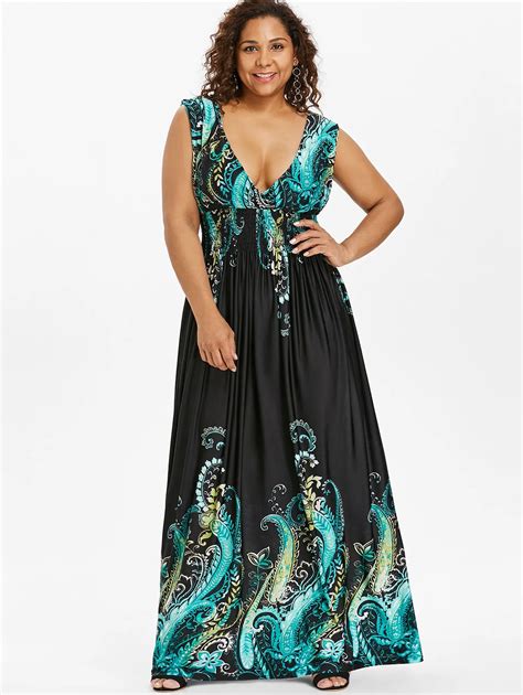 Wipalo Summer Paisley Plunge V Neck Bohemian Plus Size Women Dress Casual Beach Maxi Dress Big