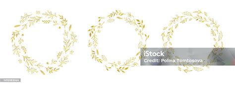 골드 플로럴 서클 프레임 세트 벡터 황금 꽃 잎 화환 테두리입니다 웨딩 라운드 프레임 디자인 손으로 그린 소박한 번성의 우아한 원형 테두리 벡터 꽃 식물에 대한 스톡 벡터