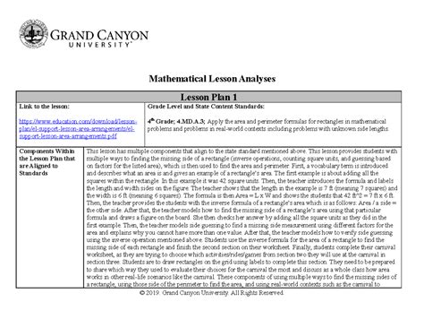 Mathematical Lesson Analysis Mathematical Lesson Analyses Lesson Plan