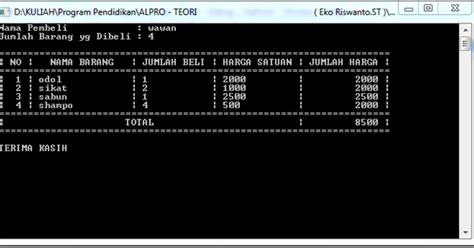 CONTOH PROGRAM C MENGHITUNG TOTAL BELANJA DAN PEMBAYARAN