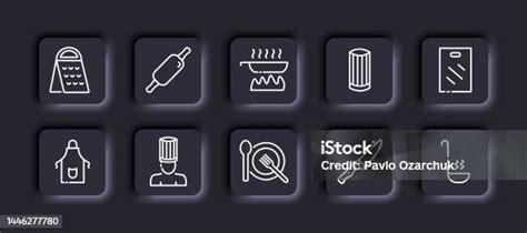 주방 용품 세트 아이콘입니다 강판 롤링 핀 프라이팬 불 스토브 소금 통 도마 앞치마 요리사 칼 붙이 숟가락 포크 접시 칼 국자