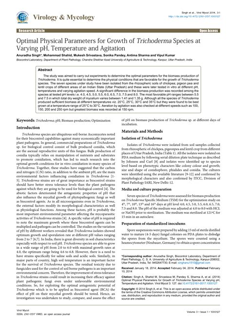 Pdf Optimal Physical Parameters For Growth Of Trichoderma Species At Varying Ph Temperature