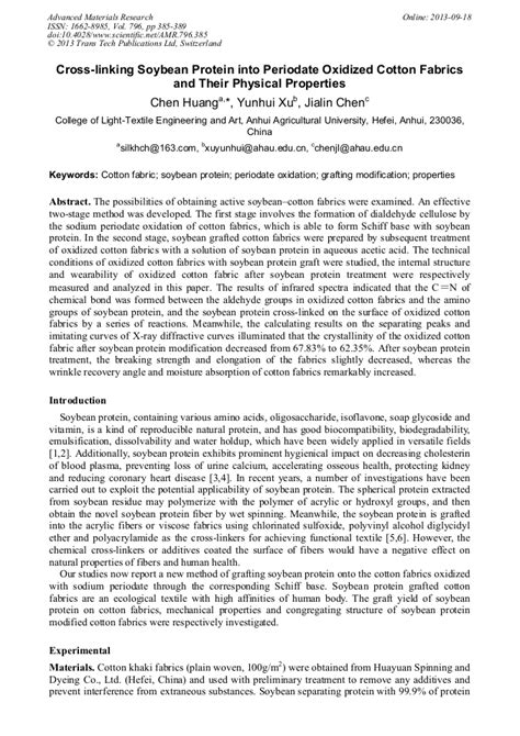 Cross Linking Soybean Protein Into Periodate Oxidized Cotton Fabrics And Their Physical