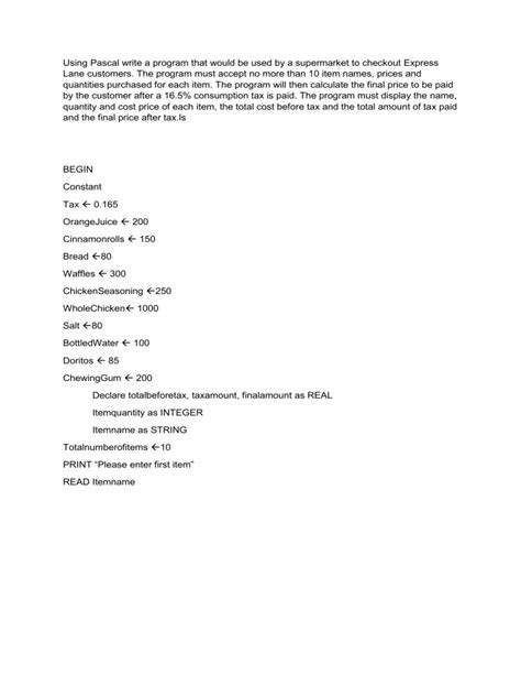 Pascal Supermarket Checkout Code