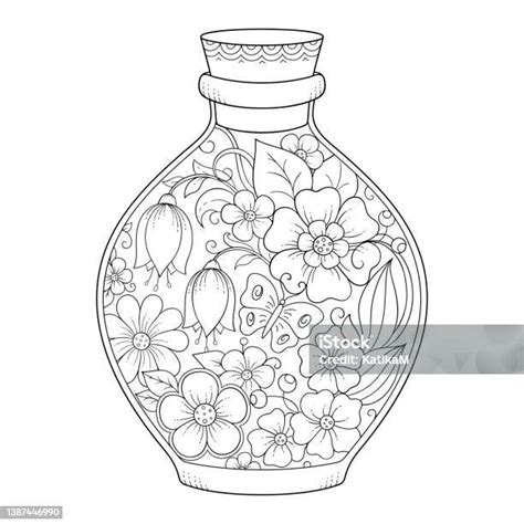 색칠 공부 페이지를 위한 멘디 스타일로 꽃무늬가 있는 유리 병 성인과 어린이를위한 안티 스트레스 흑백의 낙서 장식 손 그리기 벡터 그림 만다라에 대한 스톡 벡터 아트 및