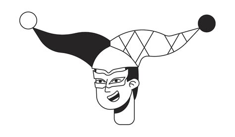 행복한 조커 웃는 단색 평평한 선형 캐릭터 머리 공이 있는 카니발 모자 편집 가능한 윤 ⁇ 손으로 그린 인간 얼굴 아이콘 2d