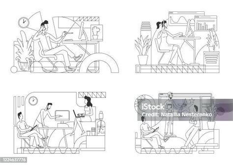 사무실 작업자 얇은 선 벡터 그림 집합입니다 헤드셋의 영업 사원 바쁜 직원 흰색 배경에 문자를 개요 기업 프리젠 테이션 회의 간단한 스타일 드로잉 컬렉션 2차 도형에 대한