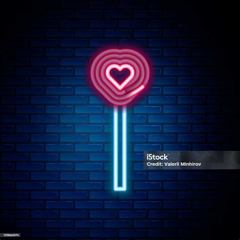 벽돌 벽 배경에 고립 된 빛나는 네온 라인 롤리팝 아이콘 사탕 기호 음식 맛있는 기호 발렌타인 사랑의 상징 다채로운 개요 개념 벡터 귀여운에 대한 스톡 벡터 아트 및 기타
