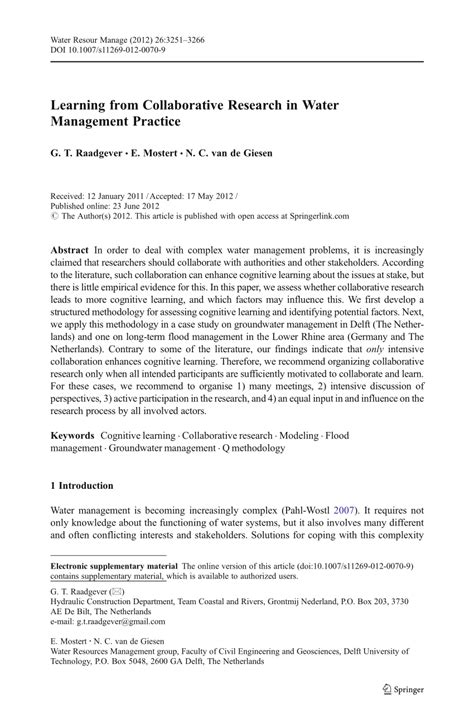 Pdf Learning From Collaborative Research In Water Management Practice