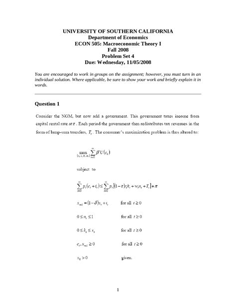 Macroeconomic Theory I Problem Set 4 Econ 505 Docsity