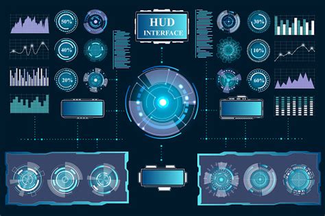 게임 Hud 인터페이스 기술 디지털 Ui 요소가 있는 공간 대시보드입니다 의료 기술 그래프 통계 화면 차트 인포그래픽 및 다이어그램 Gui 패널 프레임 모양 벡터 디자인